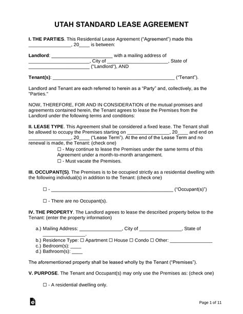 Free Utah Standard Residential Lease Agreement Template Pdf Word