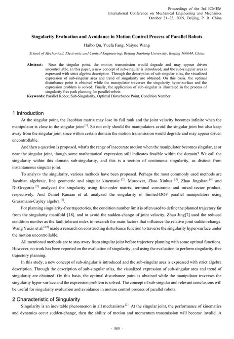Pdf Singularity Evaluation And Avoidance In Motion Control Process Of