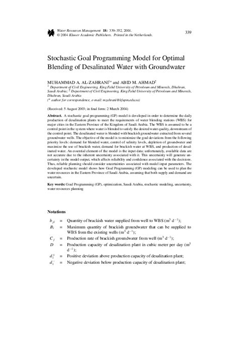 Pdf Stochastic Goal Programming Model For Optimal Blending Of Desalinated Water With Groundwater