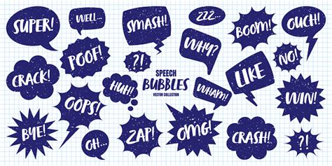 바둑판 무늬 종이에 손으로 그린 만화 말풍선 그림을 그리기 위한 학교 공책 그런 지 복고풍 만화 스티커 채팅 메시지 상자 벡터