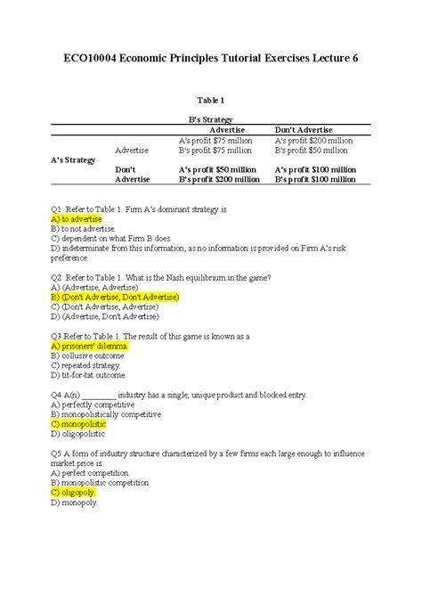 Eco10004 Economic Principles Tutorial Exercises Lecture 6 Firm A S Dominant Strategy Isʹ A To