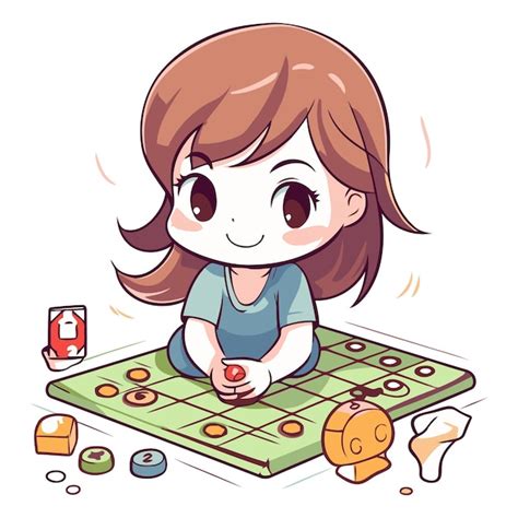 보드 게임 을 하는 귀여운 어린 소녀 의 일러스트레이션 프리미엄 벡터