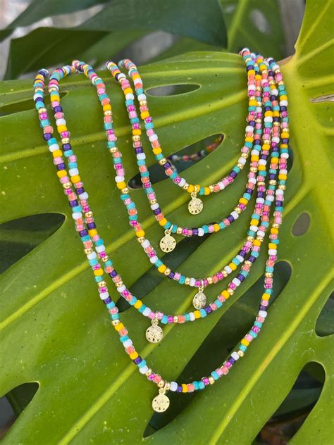 Dainty Colorful Seed Bead Necklace With Dainty Gold Plated Sand Dollar