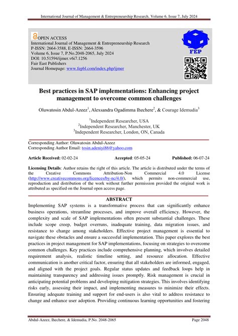 Pdf Best Practices In Sap Implementations Enhancing Project
