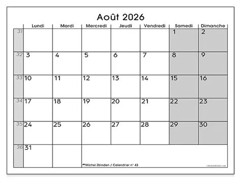 Calendrier Août 2026 à Imprimer Coordination Productive Michel Zbinden
