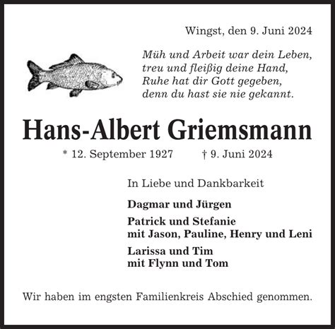 Hans Albert Griemsmann Traueranzeige Niederelbe Zeitung