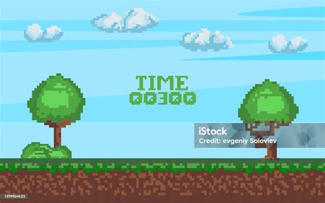 여름 픽셀 게임 복고풍 예술 게임 8비트 픽셀 플랫포머 게임 리소스 벡터 일러스트레이션 모자이크 처리에 대한 스톡 벡터 아트 및 기타 이미지 Istock