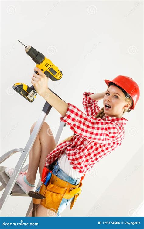 Woman Having Troubles Using Drill Stock Photo Image Of Worker Loud
