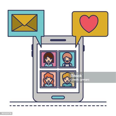 사람들이 대화 메일와 다채로운 실루엣에서 심장 스마트폰 화면에 프로필 소셜 네트워크 그림 개체 그룹에 대한 스톡 벡터 아트 및 기타 이미지 개체 그룹 공동체 공유