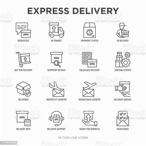 익스프레스 배달 얇은 라인 아이콘 세트 소포 트럭 배달 선적 검색 택배 선별 센터 파견 등록 배달 현대 벡터 그림입니다 아이콘에