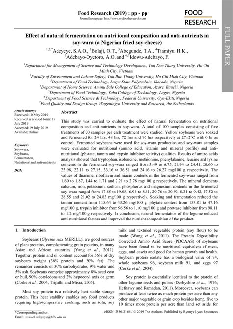 Pdf Effect Of Natural Fermentation On Nutritional Composition And Anti Nutrients In Soy Wara