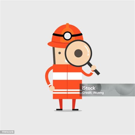 돋보기를 들고 있는 소방관 큰 돋보기로 검사 소방관 남자 구조에 대한 스톡 벡터 아트 및 기타 이미지 구조 귀여운 남자 Istock