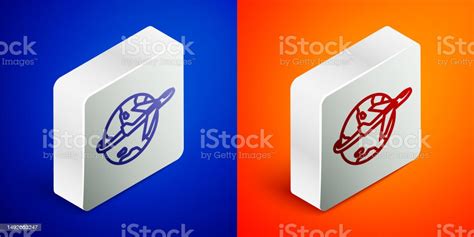 아이소메트릭 라인 하늘을 나는 비행기 아이콘이 있는 지구본은 파란색과 주황색 배경에 분리되어 있다 비행기는 지구 주위를