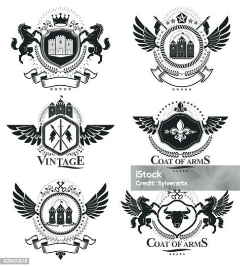전 령 팔의 외 투 빈티지 벡터 엠 블 럼입니다 품격 높은 품질 상징 일러스트 컬렉션 벡터 세트 군 보안관에 대한 스톡 벡터