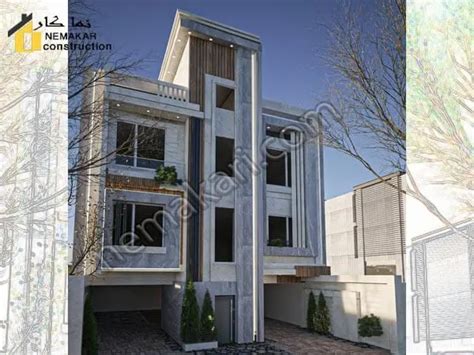 نمای ساختمان سه طبقه کلاسیک سنگی با نورپردازی