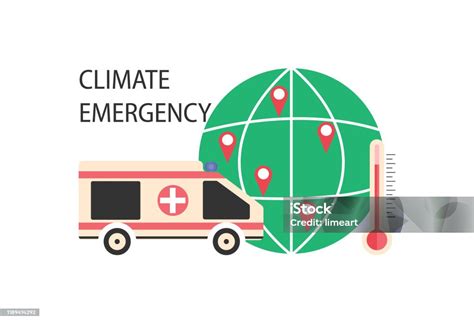 기후 비상 선언 벡터입니다 지구상의 환경 문제 온도 증가 온도계 구급차 지리적 위치 흰색 배경에 플랫 그림입니다 Greenpeace에 대한 스톡 벡터 아트 및 기타 이미지