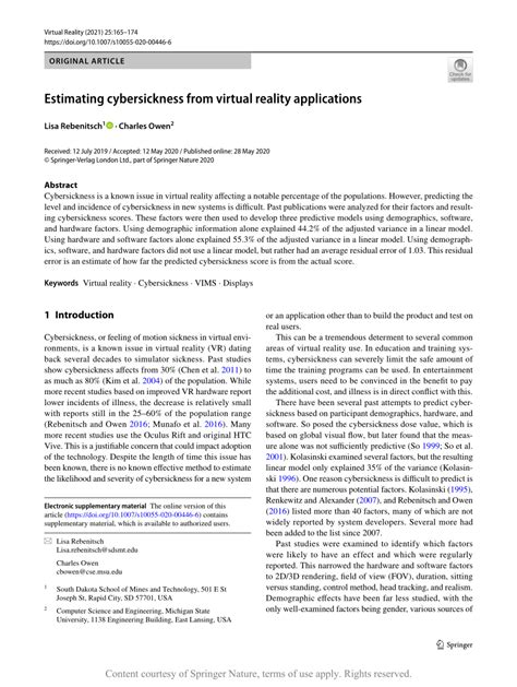 Estimating Cybersickness From Virtual Reality Applications Request Pdf