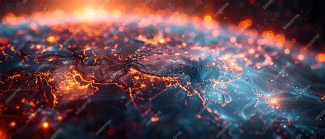 Abstract Global Network Map D Rendering With Glowing Connections On Black Background Concept