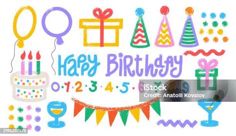 생일 축하 낙서 카드 포스터 페인트와 붓 스트로크로 그린 손 생일 축하 요소 케이크 깃발 안경 선물 모자 풍선 비문 벡터 Illustation 개체 그룹에 대한 스톡 벡터