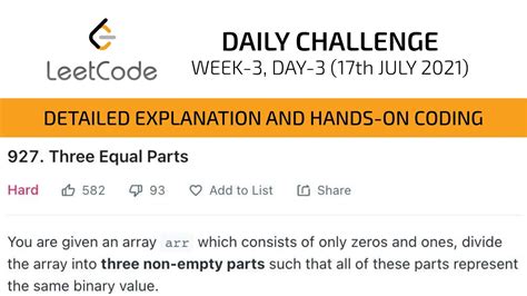 Leetcode Daily Challenge Week 3 Day 3 927 Three Equal Parts