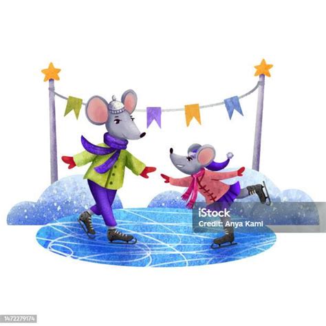아이들을 위해 두 마리의 생쥐 아빠와 딸이 얼음 위에서 스케이트를 타고 휴일 모든 것이 가족이 쉬고있는 깃발로 장식되어 있습니다 아이스 스케이팅에 대한 스톡 벡터 아트 및