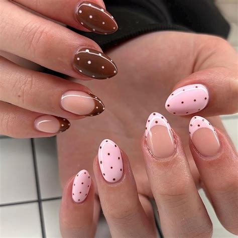 Pink And Brown Polka Dot French Nails Custom Press On Nails Hand Made
