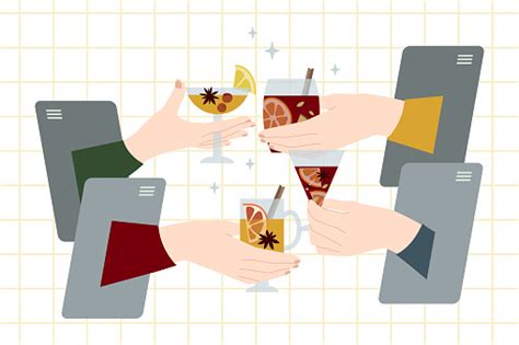 온라인 파티 가상 회의 개념 원격으로 크리스마스를 축하하고 화상 채팅을 통해 멀드 와인을 마십니다 검역 중 2021 년 새로운 자체 격리 중에 화상 통화 벡터 플랫
