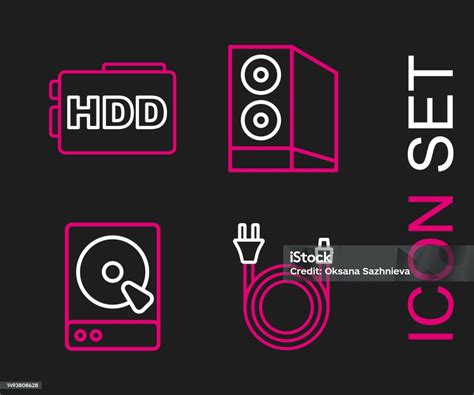 라인 전기 플러그 하드 디스크 드라이브 Hdd 컴퓨터 케이스 및 아이콘을 설정합니다 벡터 네트워크 서버에 대한 스톡 벡터 아트 및 기타 이미지 Istock