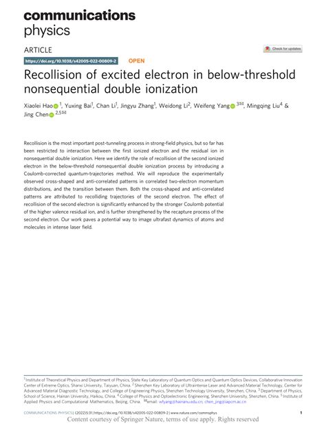 Pdf Recollision Of Excited Electron In Below Threshold Nonsequential