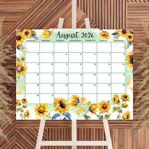 Editable August 2026 Calendar Beautiful Sunflower Summer Planner