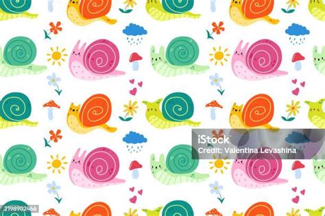 만화 달팽이 완벽 한 패턴입니다 낙서 귀여운 아기 달팽이 캐릭터 컬렉션 작은 달팽이의 어린이 그림 흰색 배경에 고립 된 스톡 벡터 그림 0명에 대한 스톡 벡터 아트 및 기타