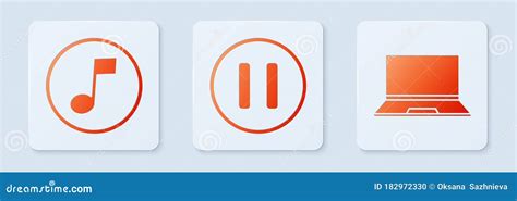 Set Pause Button Music Note Tone And Laptop White Square Button Stock Vector Illustration