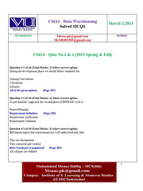 Cs614 Finalterm 2014 Solved Mcqs With References By Moaaz Pdf Data Warehouse Computer