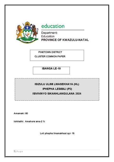 Iphepha Lesi 2 Grade 10 Juni 2024 Pinetown District Cluster Common