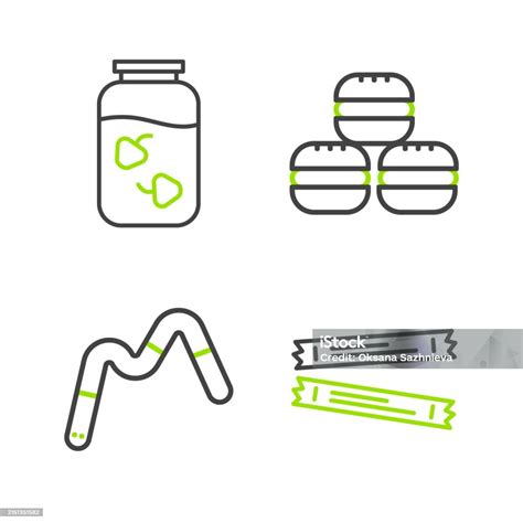 세트 라인 설탕 스틱 패킷 젤리 벌레 사탕 마카롱 쿠키 및 딸기 잼 항아리 아이콘 벡터 0명에 대한 스톡 벡터 아트 및 기타 이미지 Istock