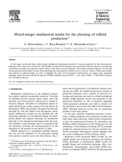 Pdf Mixed Integer Multiperiod Model For The Planning Of Oilfield Production