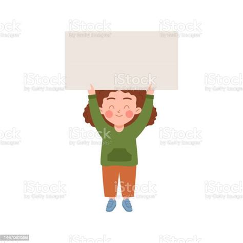 빈 배너 또는 텍스트에 대한 복사 공간이 있는 종이를 가진 어린 소녀 벡터가 격리되어 있습니다 고등학교 이하에 대한 스톡 벡터 아트 및 기타 이미지 Istock
