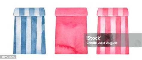 장식 종이 가방의 수채화 일러스트 컬렉션입니다 네이 비 블루와 밝은 핑크 컬러 빈 및 줄무늬 패턴 손으로 흰색 배경에 그린
