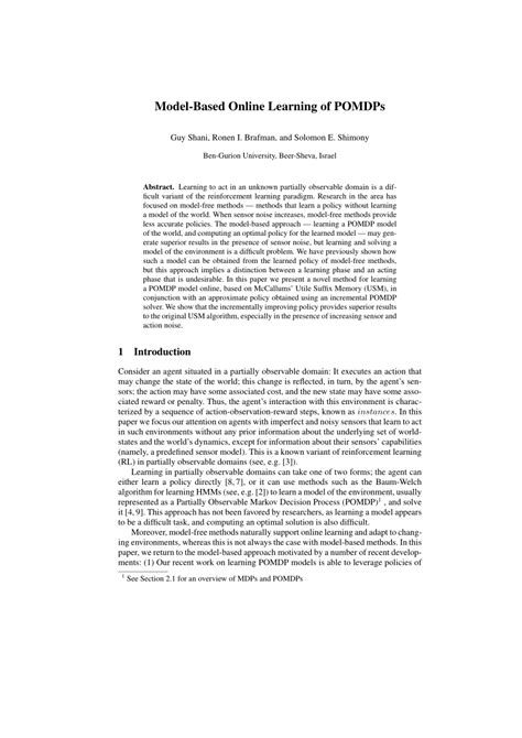 Pdf Model Based Online Learning Of Pomdps