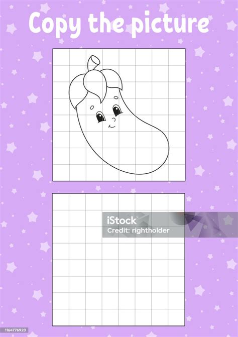 그림을 복사합니다 아이들을위한 책 페이지를 색칠 교육 개발 워크 시트 어린이를위한 게임 필기 연습 재미있는 캐릭터 귀여운 만화 벡터 일러스트 가지 채소에 대한 스톡 벡터