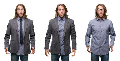 잘생긴 젊은 사업가 흰색 절연된 Backgroud 두려워 하 고 놀라운 식 공포와 흥분된 얼굴 충격을 통해 콜라주 감정에 대한 스톡 사진 및 기타 이미지 Istock