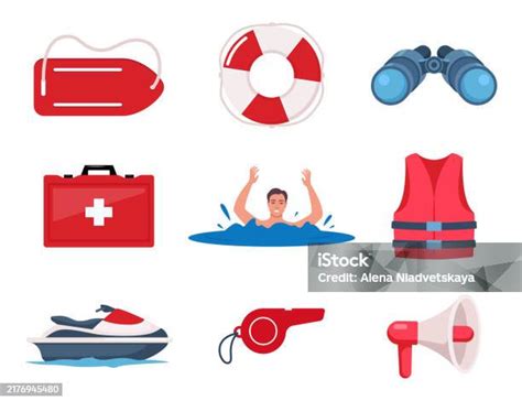 해변 인명 구조 원 장비 세트 확성기 선글라스 구명 부표 인명 구조원 타워 응급 처치 키트 구명 구조 재킷 쌍안경 호루라기 들것 벡터 일러스트 레이 션 구급 상자에 대한