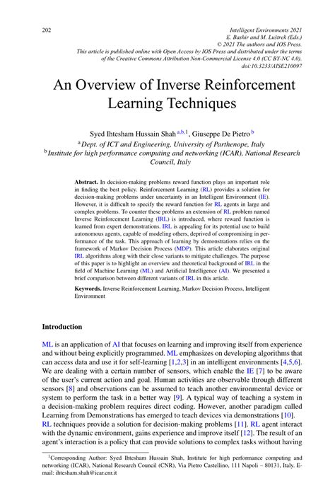 Pdf An Overview Of Inverse Reinforcement Learning Techniques