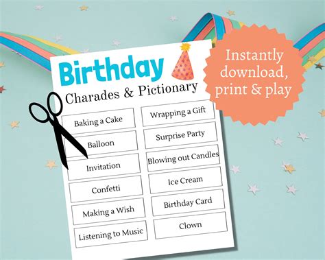 Birthday Charades Game Printable Birthday Party Pictionary Cards
