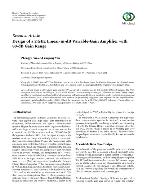 Pdf Design Of A 2 Ghz Linear In Db Variable Gain Amplifier With 80 Db
