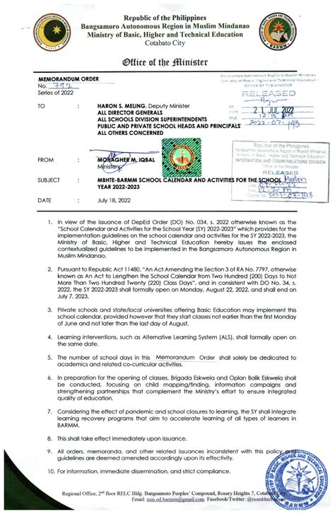 Regional Memorandum No 792 S 2022 𝐌𝐁𝐇𝐓𝐄 𝐁𝐀𝐑𝐌𝐌 𝐒𝐜𝐡𝐨𝐨𝐥 𝐂𝐚𝐥𝐞𝐧𝐝𝐚𝐫 𝐚𝐧𝐝 𝐀𝐜𝐭𝐢𝐯𝐢𝐭𝐢𝐞𝐬 𝐟𝐨𝐫 𝐭𝐡𝐞 𝐒𝐜𝐡𝐨𝐨𝐥