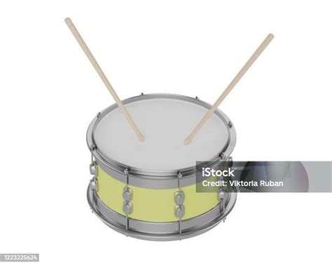 흰색 고립 된 배경에 노란색 스네어 드럼과 드럼 스틱 3d 일러스트레이션 0명에 대한 스톡 사진 및 기타 이미지 0명 금속