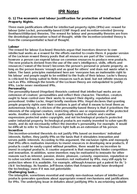 IPR Assignment Notes IPR Notes Q 1 The Economic And Labour Justification For Protection Of