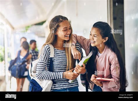 Sometimes Classmates Become Friends Two Happy Schoolgirls Chatting In