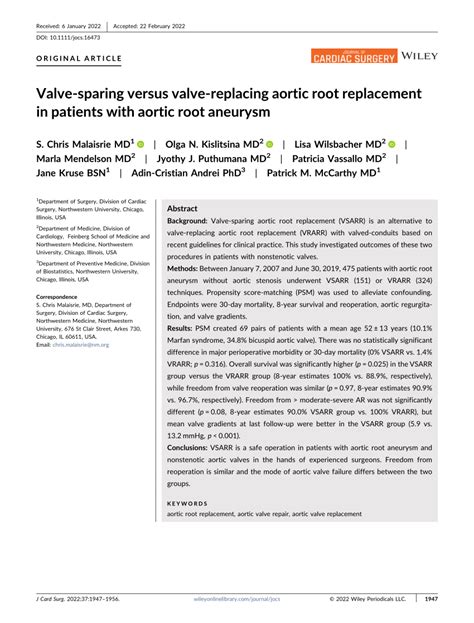 Valve‐sparing Versus Valve‐replacing Aortic Root Replacement In